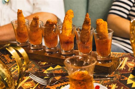 Baku Azerbaijan Breaded Shrimp With Sauce Served In Shot Glasses