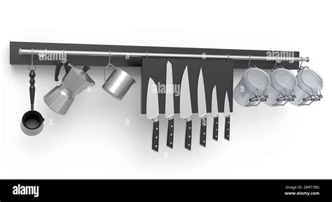 Set Of Kitchen Utensil Knives Stewpot Frying Pan And Chrome Cookware