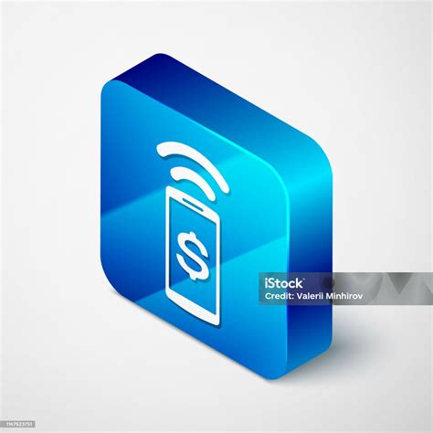 아이소메트릭 비접촉 지불 아이콘 흰색 배경에 고립입니다 모바일 지갑 기술 Nfc 스마트폰으로 무선 결제 파란색 사각형 버튼을 클릭 합니다 벡터 일러스트 Brand Name