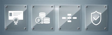 확인 표시가 있는 방패 비즈니스 계층 구조 조직도 차트 인포그래픽 암호화폐 코인 비트코인 및 인증서 템플릿을 설정합니다 정사각형 유리 패널 벡터 가상현실에 대한 스톡 벡터