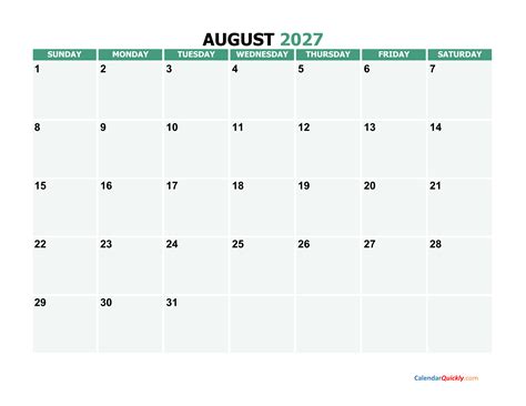 August 2027 Printable Calendar Calendar Quickly