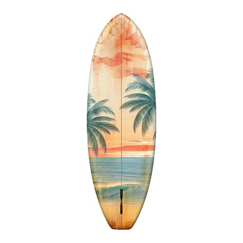 Vintage Surfboard Design With Palm Trees And Ocean Sunset Scene Artwork
