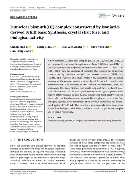 Dinuclear Bismuthiii Complex Constructed By Isoniazid‐derived Schiff