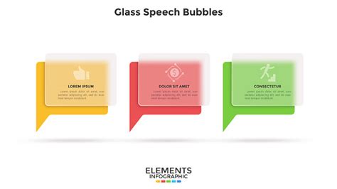 수평 행에 배치된 반투명 직사각형 요소 뒤에 있는 세 개의 말풍선 명확한 말하기의 3가지 특징 개념 최소한의 인포그래픽 디자인 템플릿입니다 현대 평면 벡터 그림입니다 3가지
