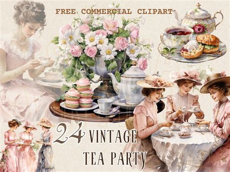 Vintage Tea Party Watercolor Clipart Retro Tea Set Free Commercial Png