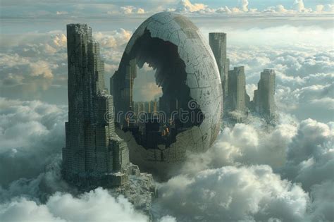 Futuristic Cityscape Emerging From A Cracked Celestial Egg Above The