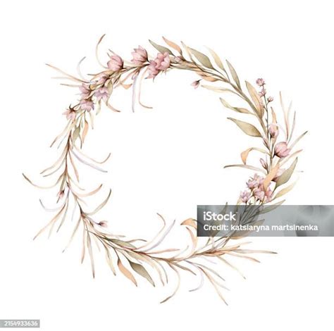 수채화 Boho 식물 우아한 화 환 클립 아트 결혼식 손으로 그린 베이지 색 말린 가지와 분홍색 꽃 결혼식 초대장 인사말 카드