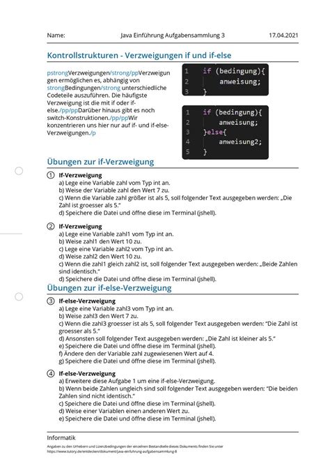 Arbeitsblatt Java Einführung Aufgabensammlung 3 Informatik Tutory De
