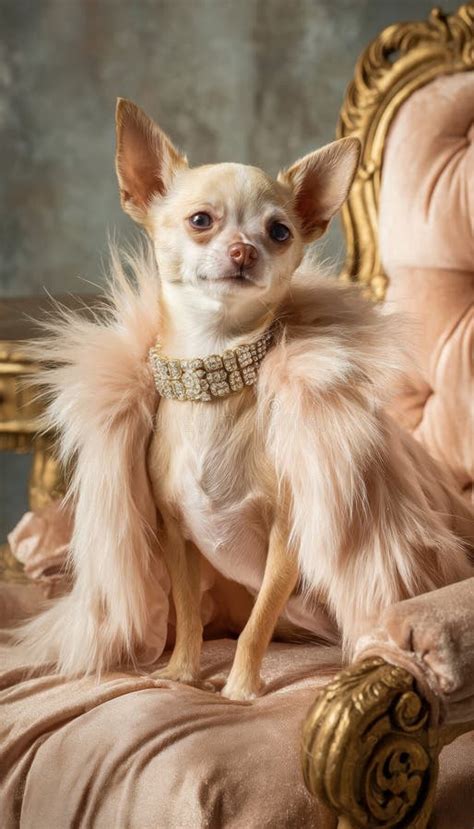Chihuahua In Faux Fur Coat And Diamond Collar On Plush Armchair Stock