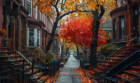 An Autumn Urban Scene With Tree Lined Streets Full Of Vibrant Fall