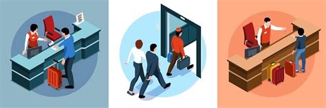 Free Vector Isometric Hotel Lobby Compositions With Guests Arrival
