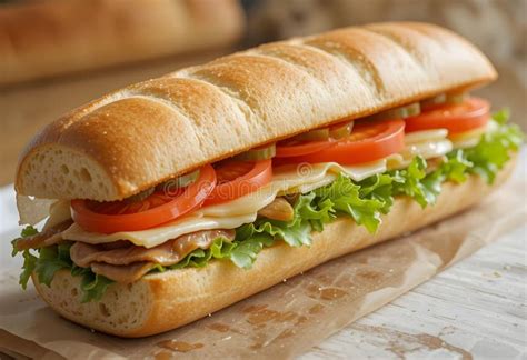 Freshly Prepared Sub Sandwich Overflowing With Crisp Lettuce Juicy Tomatoes And Savory