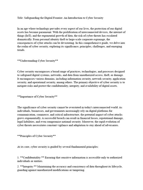 Safeguarding The Digital Frontier An Introduction To Cyber Security