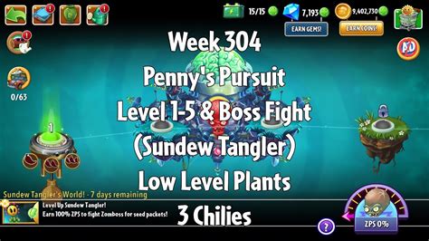 Pvz2 Pennys Pursuit Week 304 Sundew Tangler Level 1 5 And Boss Fight
