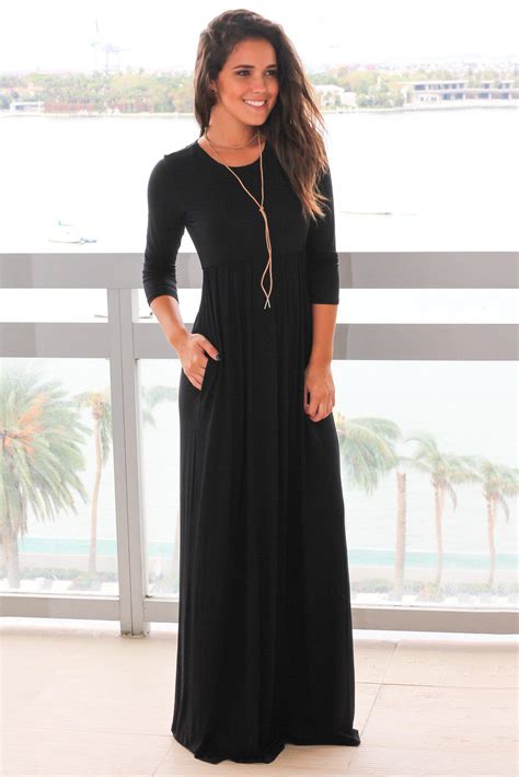Black Maxi Dress With 34 Sleeves And Pockets Maxi Dresses Saved By