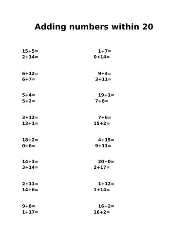 Adding Numbers Within 20 Worksheet Teaching Resources