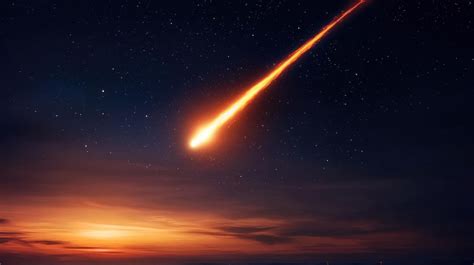 Fiery Meteor Streak Across Night Sky With Stars And Sunset Clouds