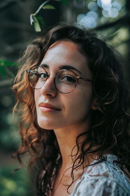 Premium Photo Portrait Of A Beautiful Young Woman With Curly Hair And Glasses
