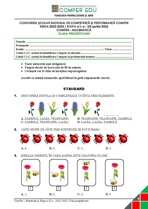 Subiecte Comper Matematică 2022 2023 Etapa 2 Clasa Pregătitoare Studocu