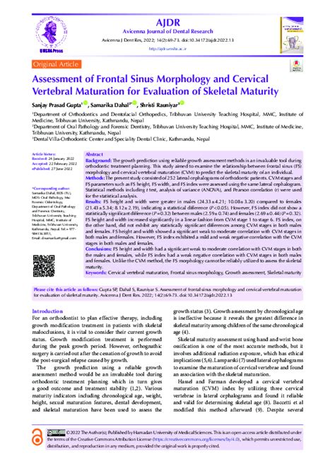 Pdf Assessment Of Frontal Sinus Morphology And Cervical Vertebral