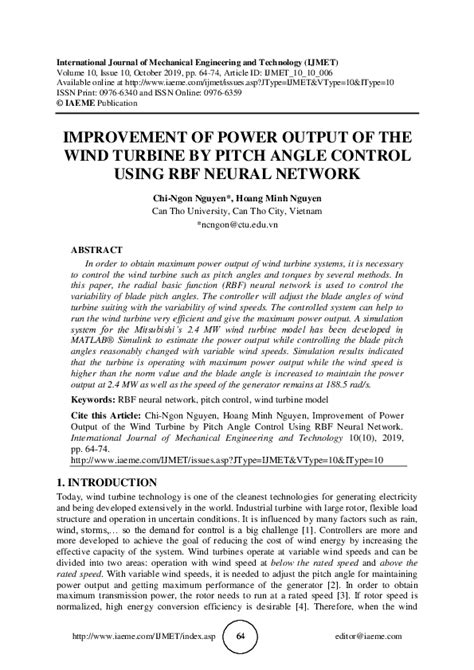 Pdf Improvement Of Power Output Of The Wind Turbine By Pitch Angle Control Using Rbf Neural