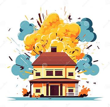 Explosion In A Two Story House With A Blast Cloud Flying Debris And