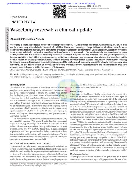 Pdf Vasectomy Reversal A Clinical Update