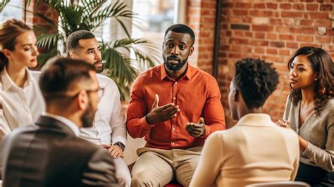Serious Black Manager Talk To Diverse Staff People At Meeting Premium