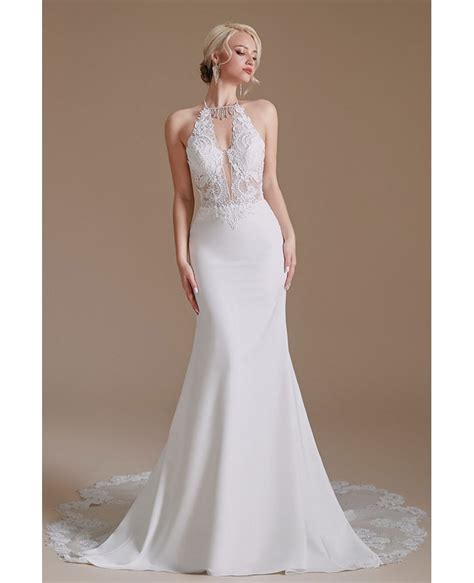 Sexy Halter Deep V Neck Mermaid Tight Fit Wedding Dress With Lace Train