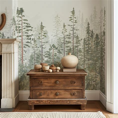 Woodland Pines Wallpaper Mural Blue And White Wallpaper Forest Mural