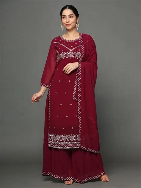 Women Maroon Georgette Kurta Pyjama And Dupatta Set Stylish Kurta