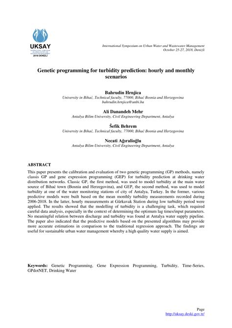 Pdf Genetic Programming For Turbidity Prediction Hourly And Monthly