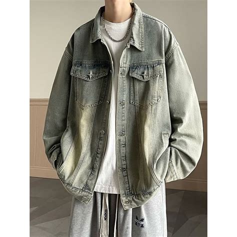 Dandyluxe Collared Star Accent Washed Button Up Denim Jacket Yesstyle