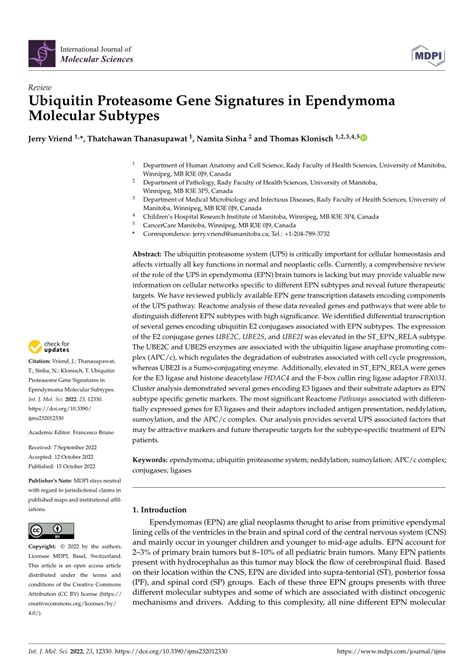 Pdf Ubiquitin Proteasome Gene Signatures In Ependymoma Molecular Subtypes