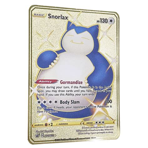 Shiny Snorlax Golden Pokemon การ์ดภาษาอังกฤษเหล็กโลหะ Pokmo ตัวอักษร