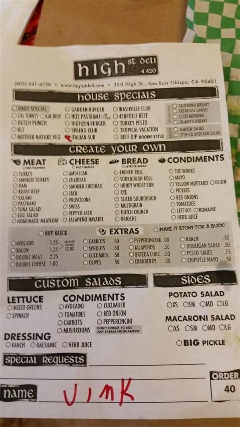 Menu At High Street Market And Deli Restaurant San Luis Obispo