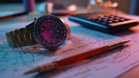 Wristwatch And Pen On Astrology Birth Chart With Calculator In Mystical