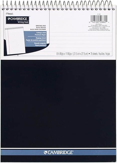 Mead Cambridge Notebook Wirebound Notepad Stiff Back 8 5 X 11 Inches White 59882 Amazon