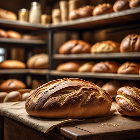 A Bakery Display With Breads And Bread In The Background Premium Ai Generated Image