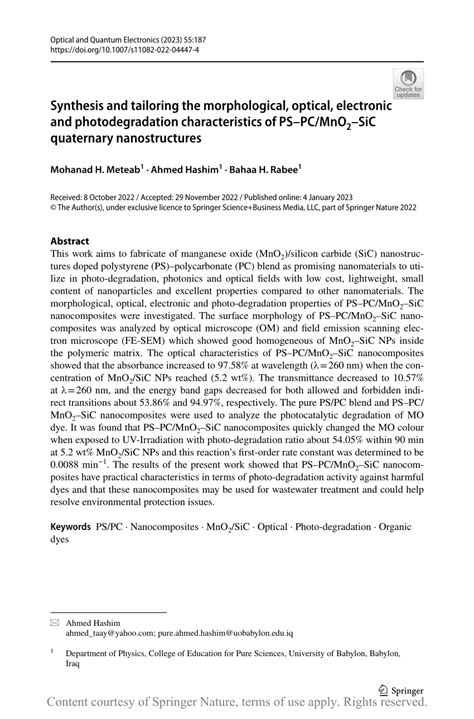 Synthesis And Tailoring The Morphological Optical Electronic And Photodegradation