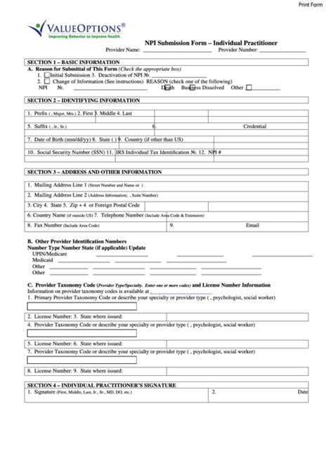 Fillable Npi Submission Form Individual Practitioner Printable Pdf