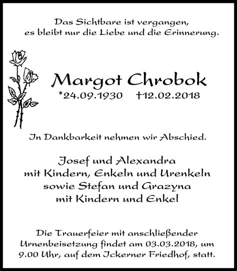 Traueranzeigen Von Margot Chrobok Trauer In Nrw De