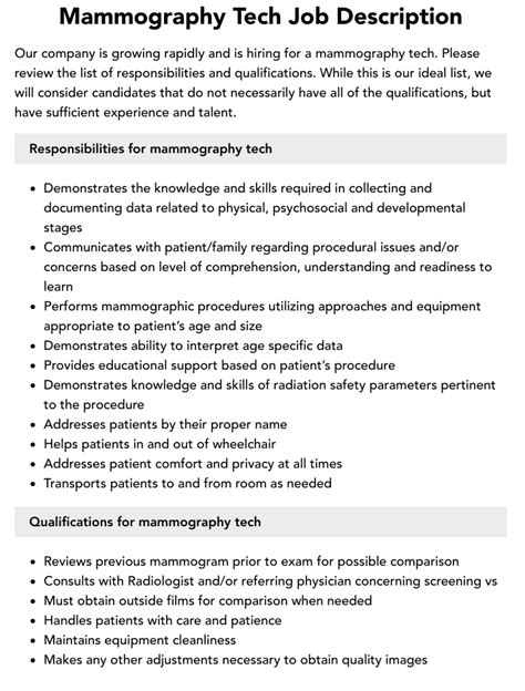 Mammography Tech Job Description Velvet Jobs