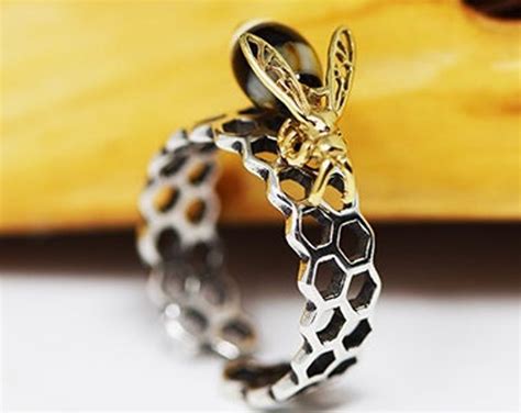 Amber Bee Ring 925 Sterling Silver Bee Ring Adjustable Ring Bee