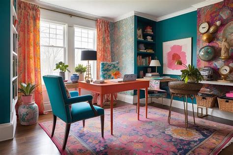 Premium Photo Vibrant And Eclectic Home Office With A Mix Of Patterns