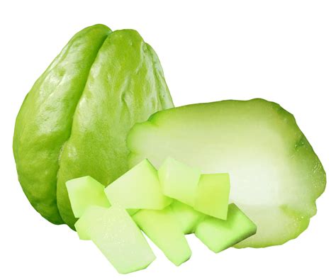 Isolated Chayote With Small Pieces Cut In Front Ideal Image To