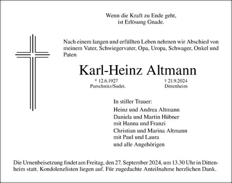 Traueranzeigen Von Karl Heinz Altmann Trauer Nn De