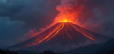 Erupting Volcano Landscape With Flowing Lava And Dramatic Cloudscape