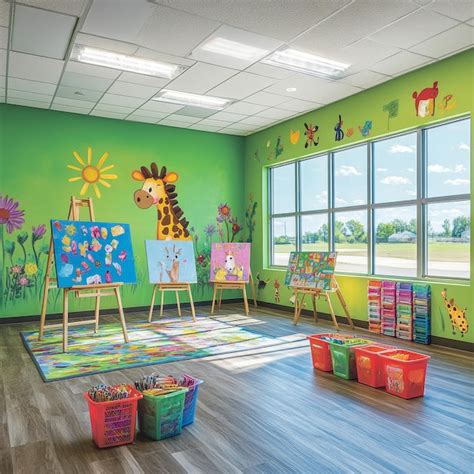 Brightly Decorated Empty Preschool Classroom With Art Supplies And