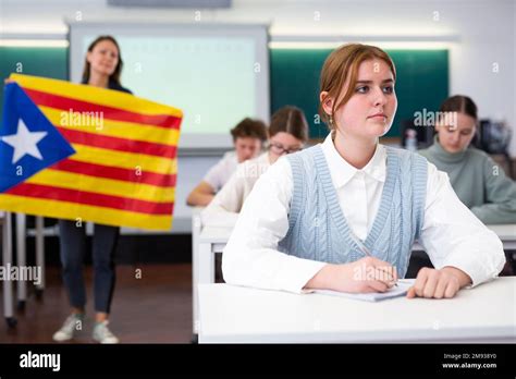 Geography Lesson In School Class Teacher Talks About Catalonia